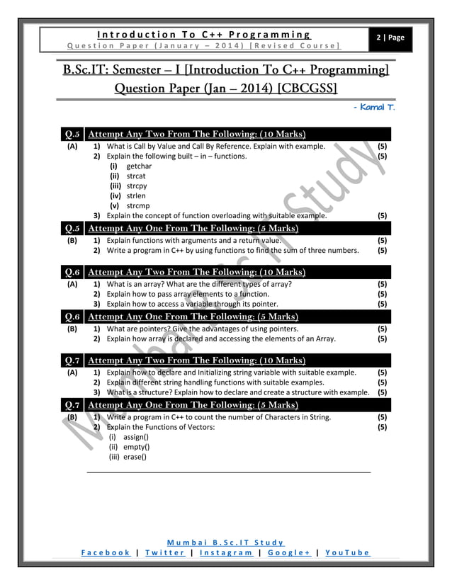 [Question Paper] Introduction To C++ Programming (Revised Course) [January / 2014] | PDF