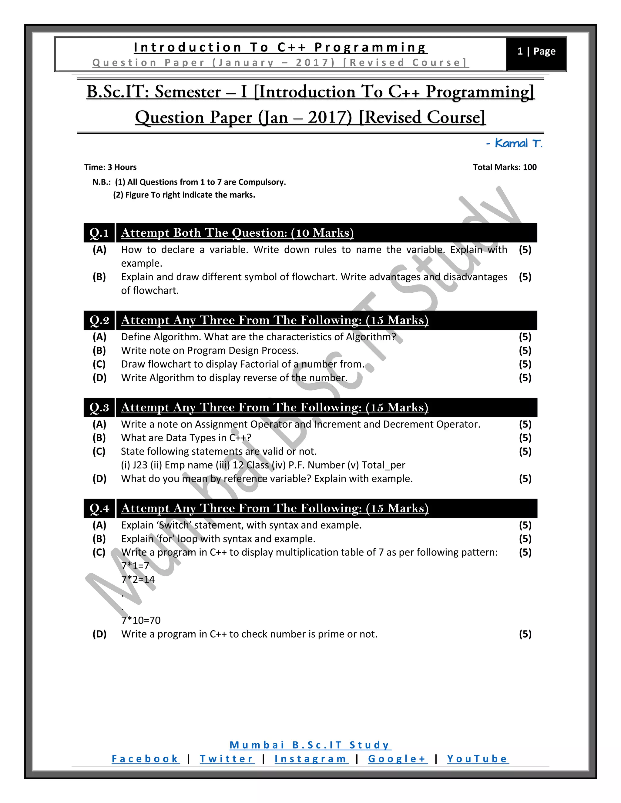 [Question Paper] Introduction To C++ Programming (Revised Course) [January / 2017] | PDF