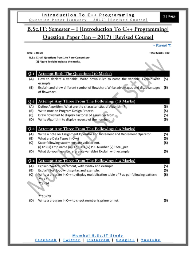 [Question Paper] Introduction To C++ Programming (Revised Course) [January / 2017] | PDF