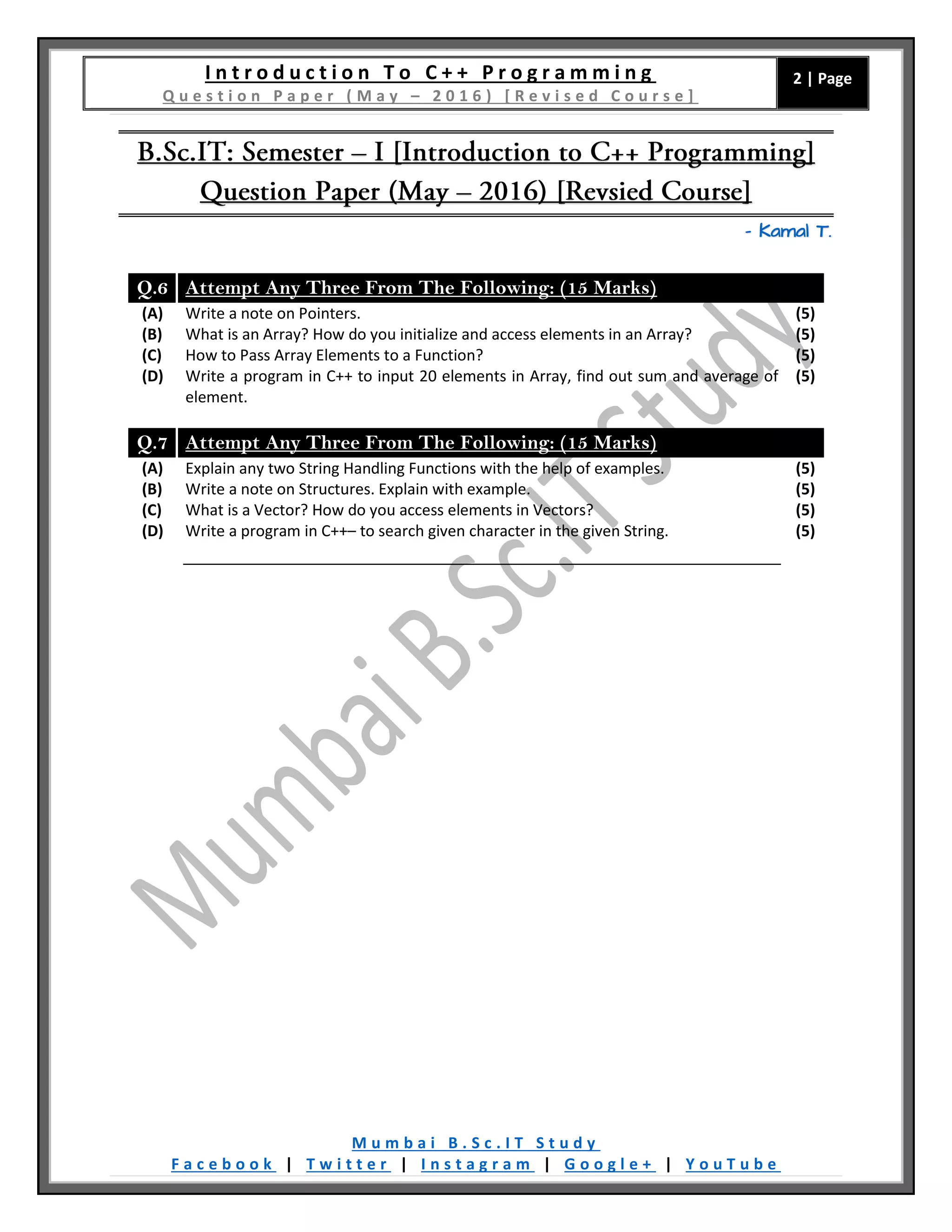 [Question Paper] Introduction To C++ Programming (Revised Course) [May / 2016] | PDF