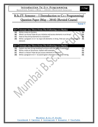 [Question Paper] Introduction To C++ Programming (Revised Course) [May / 2016] | PDF
