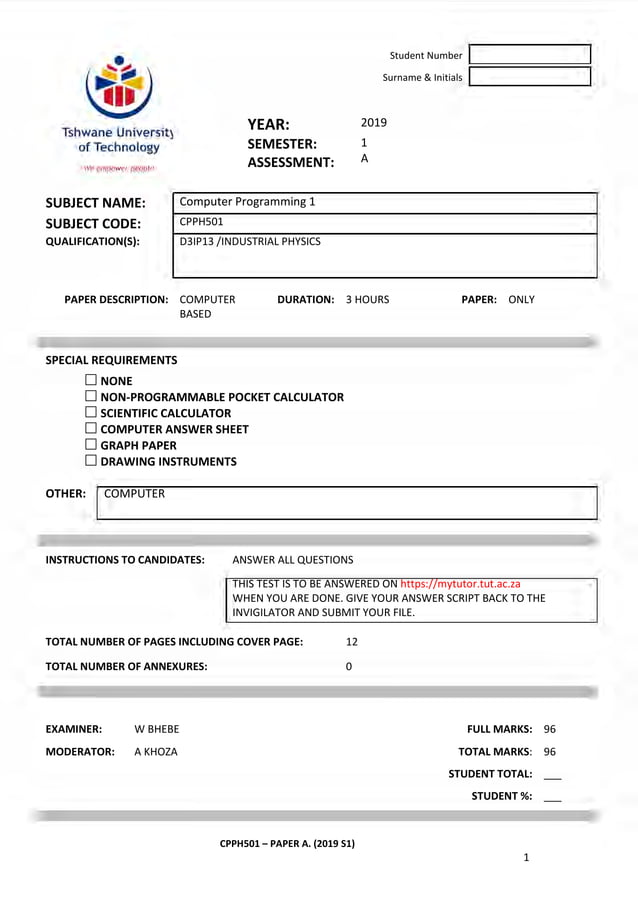 Cpph exam a_2019_s1 | PDF | Programming Languages | Computing