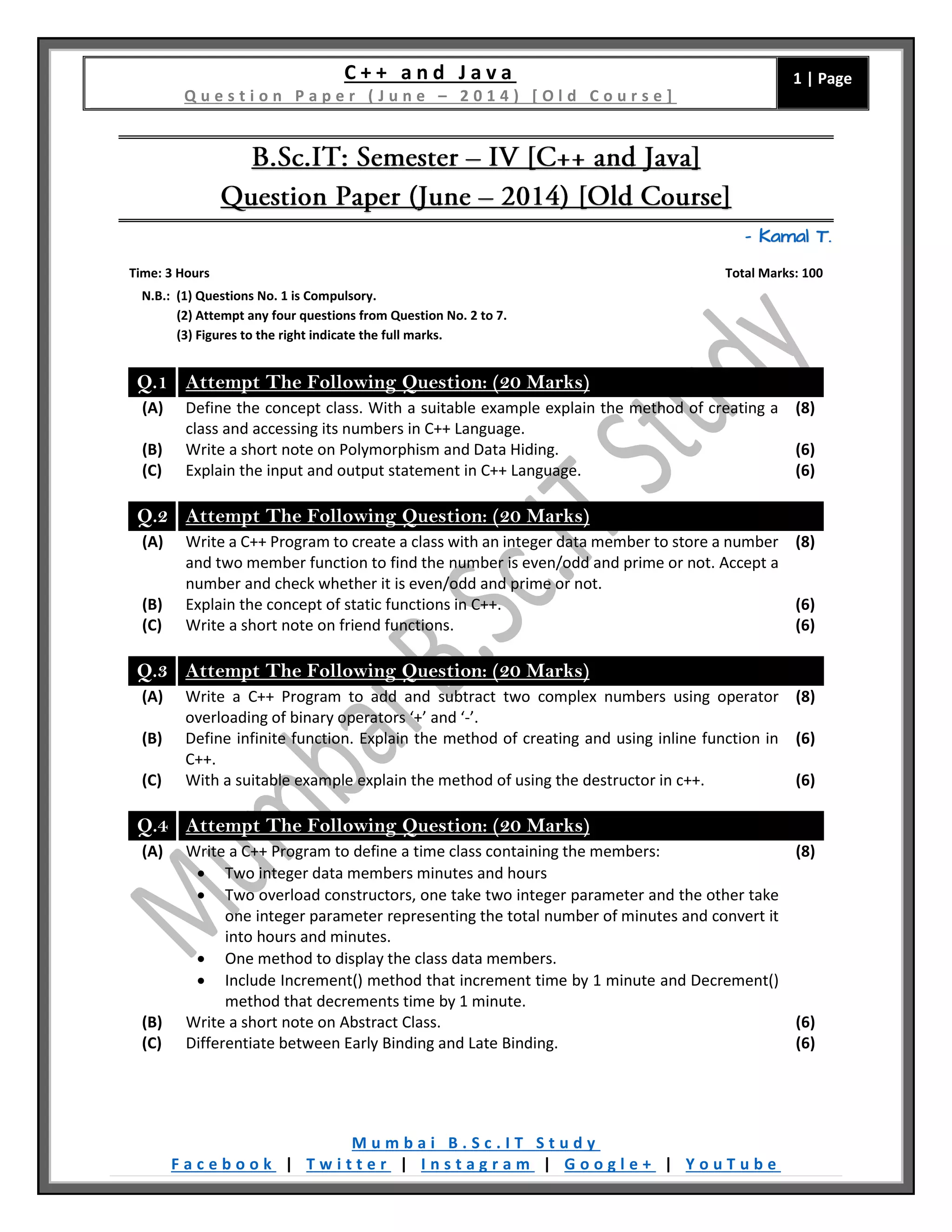 [Question Paper] C++ and Java (Old Course) [June / 2014] | PDF