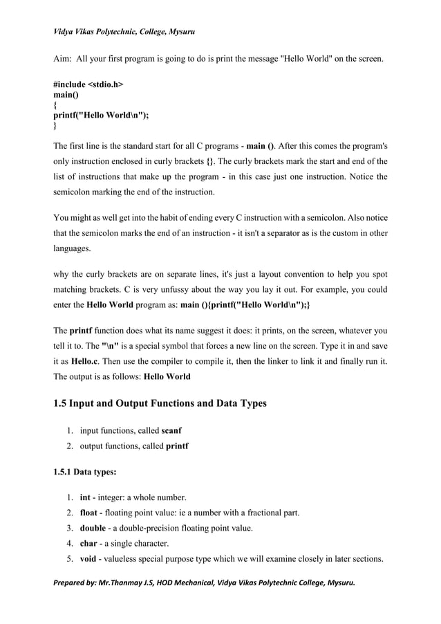 C programming Lab Manual 15 me47p | PDF