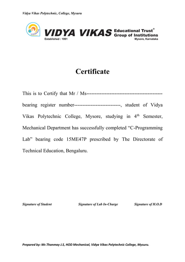 C programming Lab Manual 15 me47p | PDF