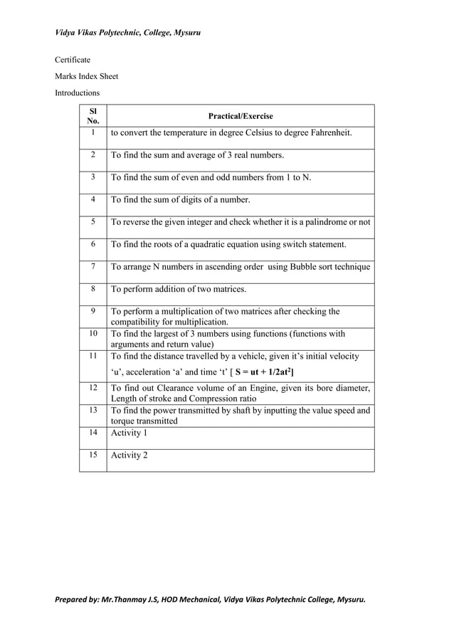 C programming Lab Manual 15 me47p | PDF