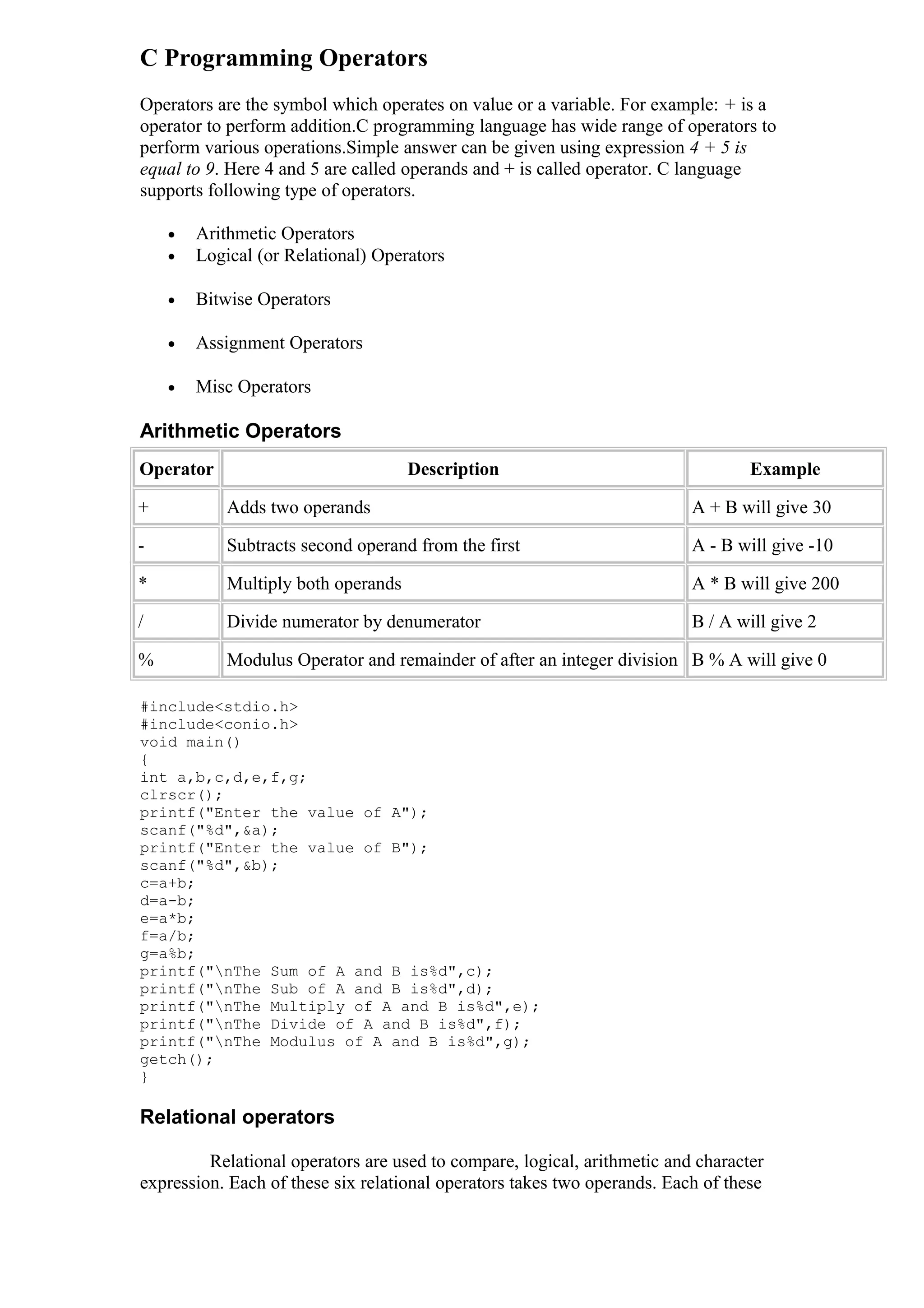 C Programming Operators Pdf 