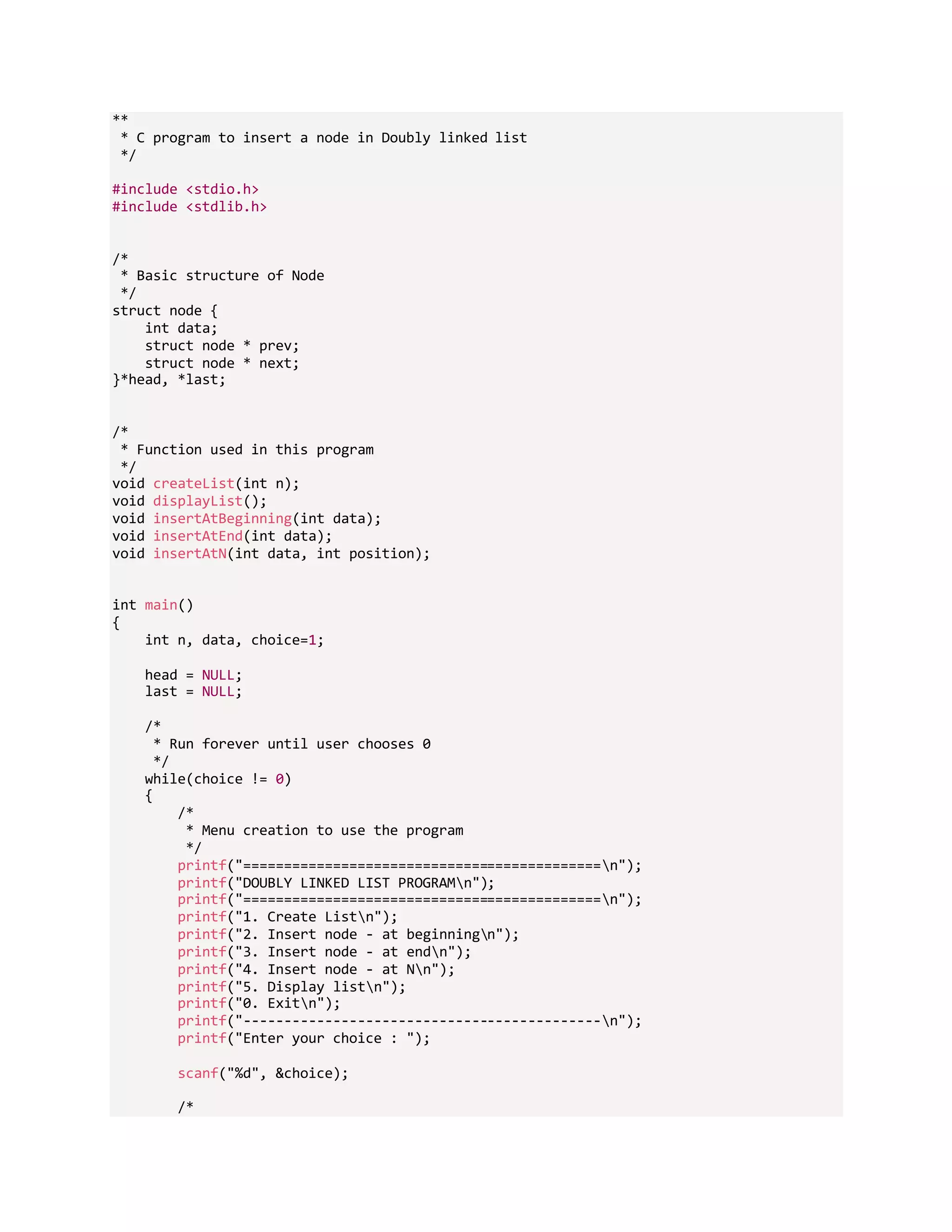 C program to insert a node in doubly linked list | PDF C program to insert a node in doubly linked list | PDF
