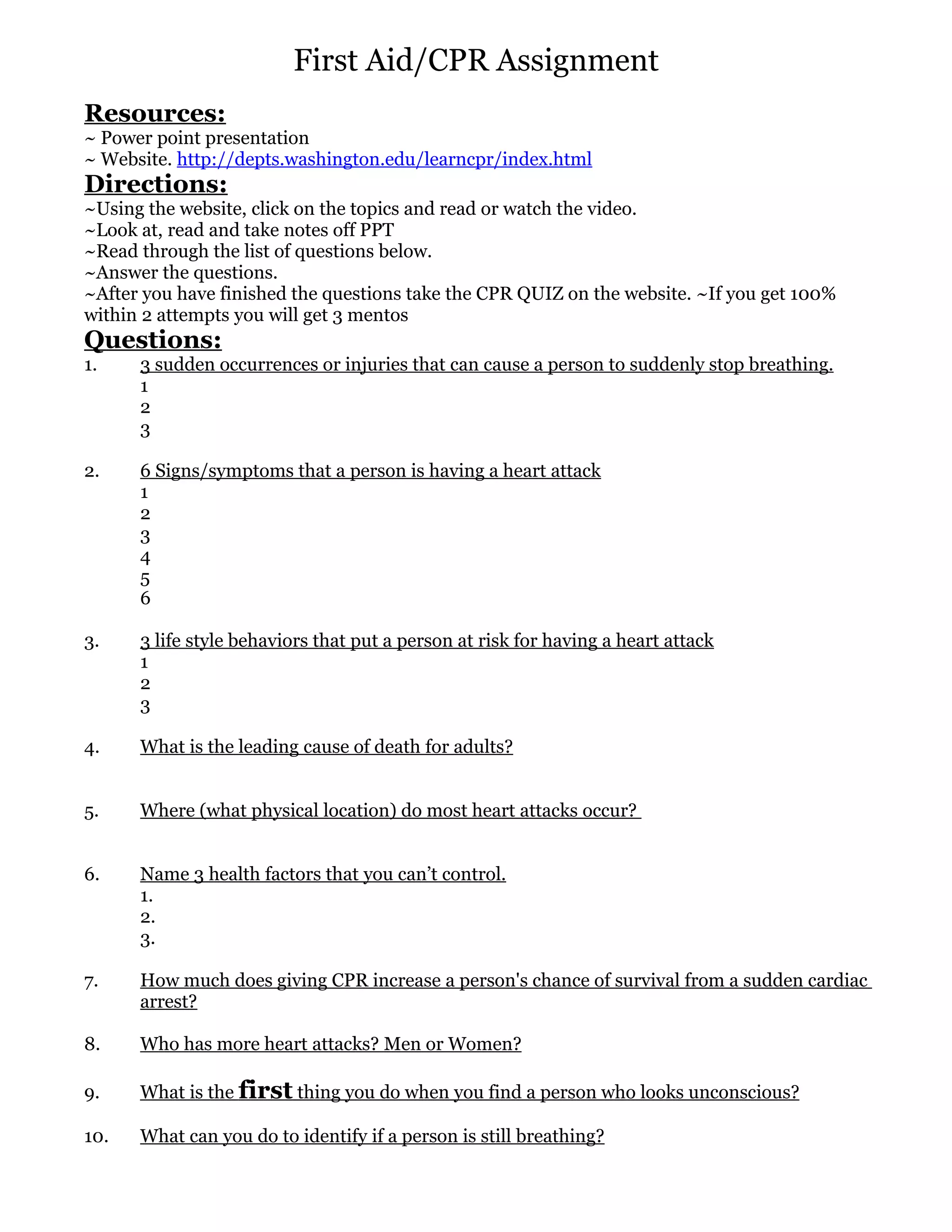 Cpr revision worksheet revised 3 2-11 | DOC