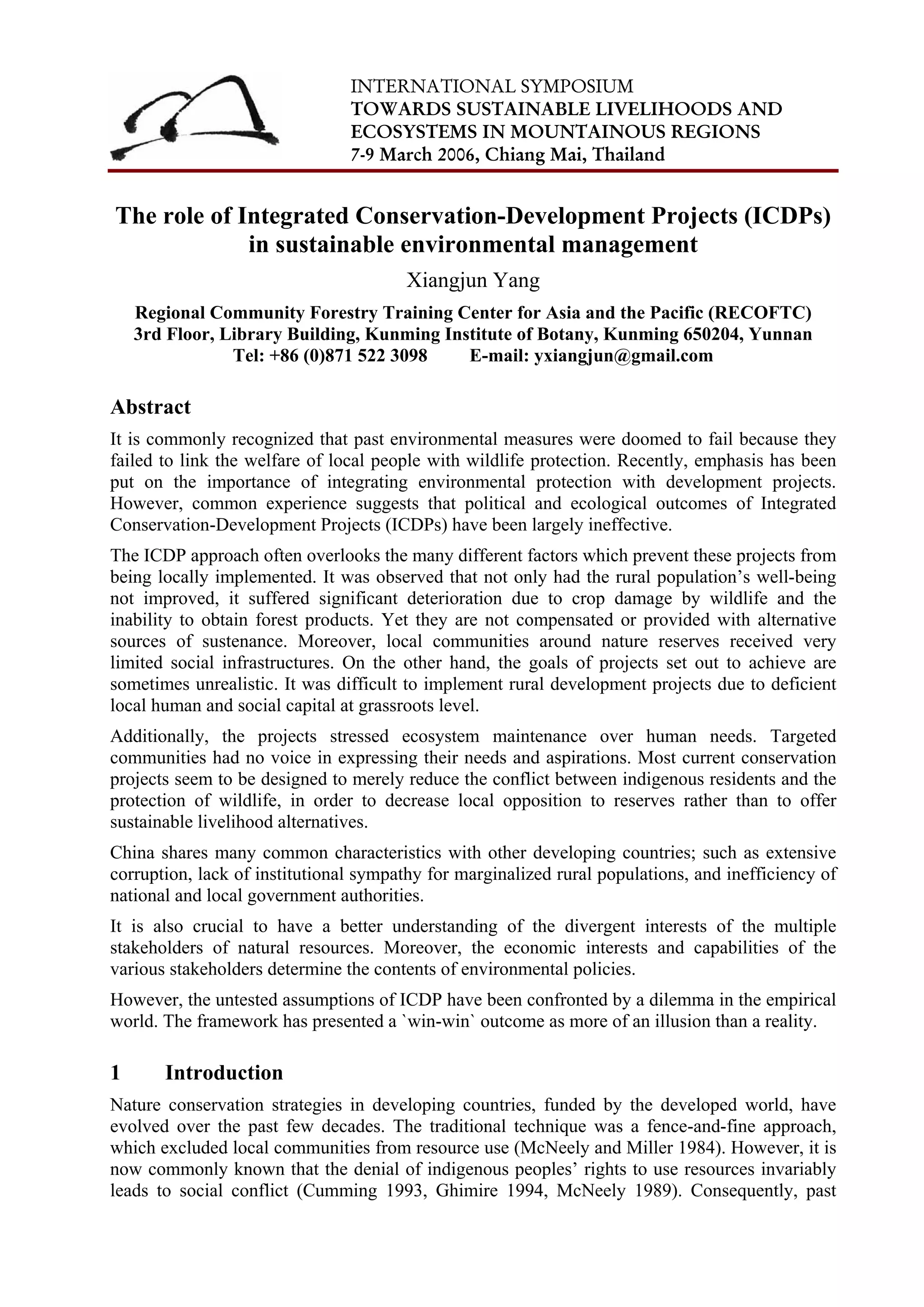 The role of Integrated Conservation-Development Projects (ICDPs) in ...