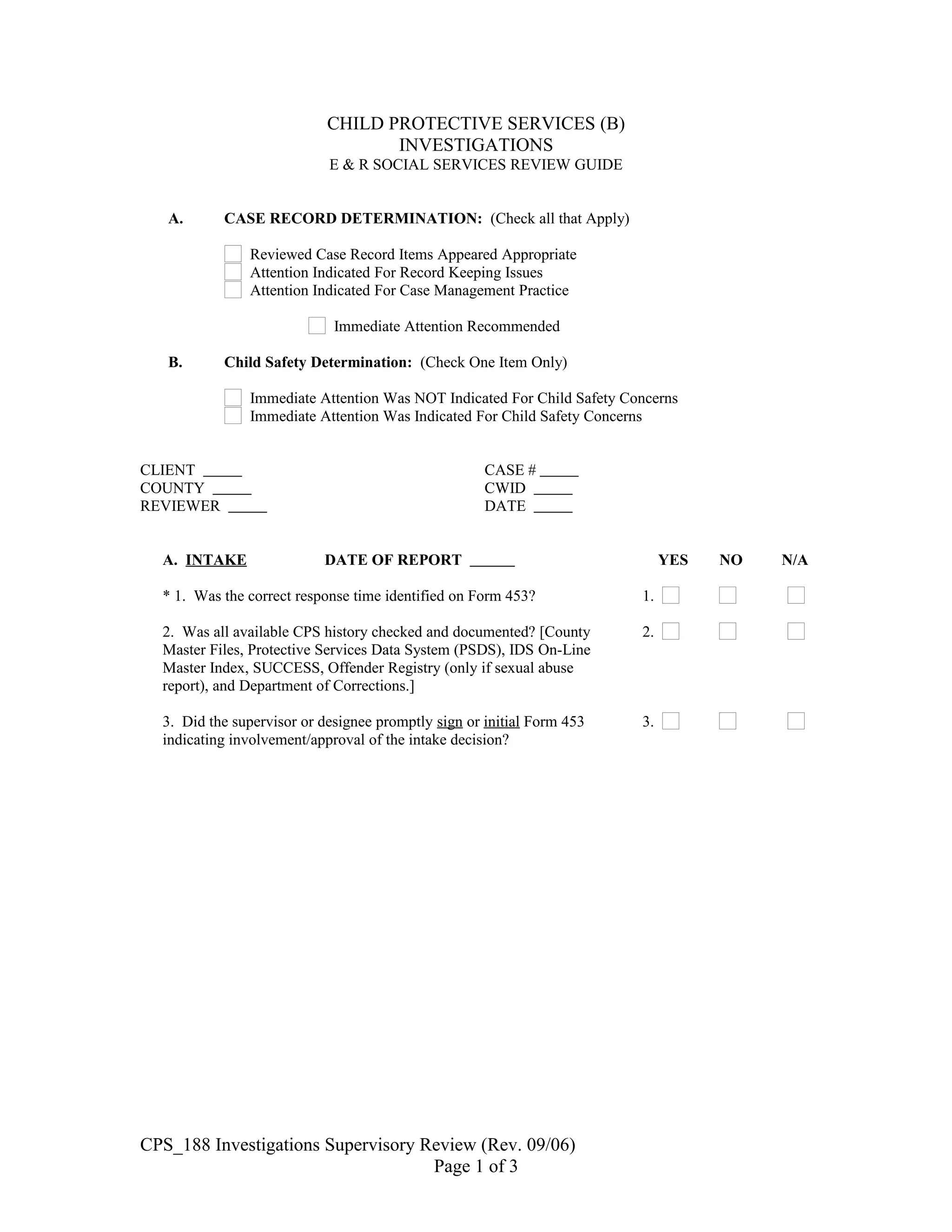 Cps 188 cps investigation supervisory case review guide | PDF