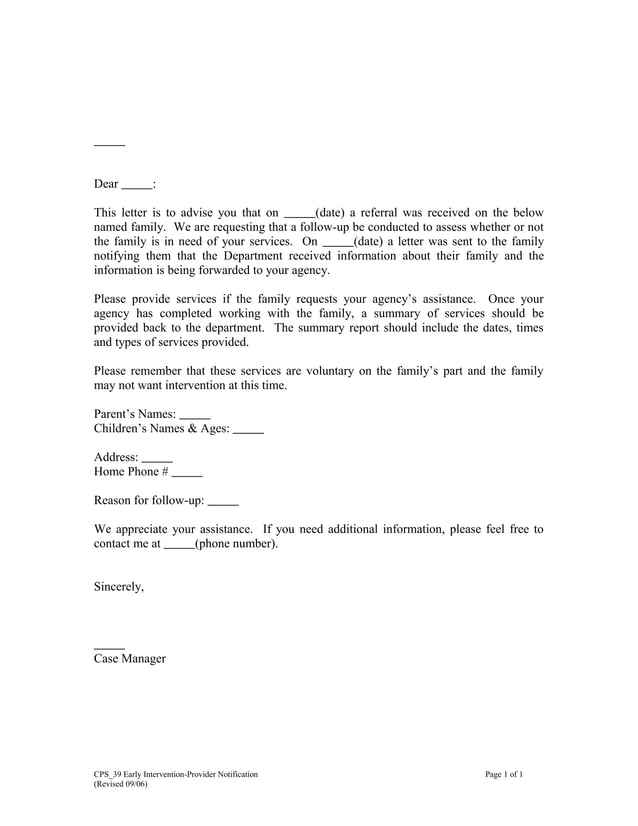 Cps 39 early intervention letter provider notification | PDF