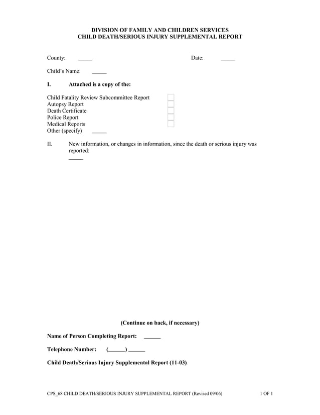 Cps 68 child death serious injury supplemental report | DOC