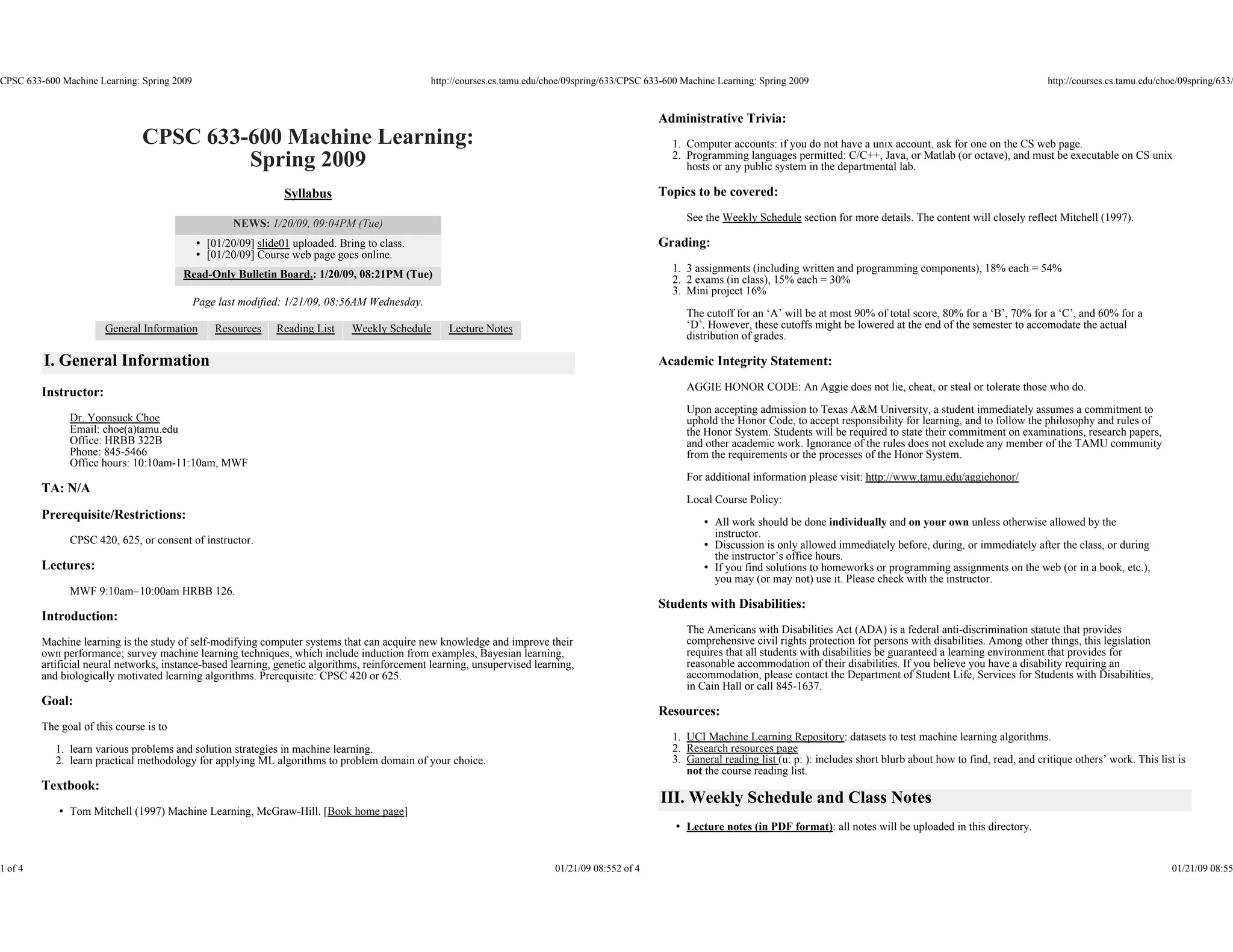 CPSC 633-600 Machine Learning: Spring 2009 | PPT