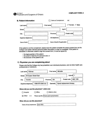 CPSO complaint Aug-Sept 2016 | PDF