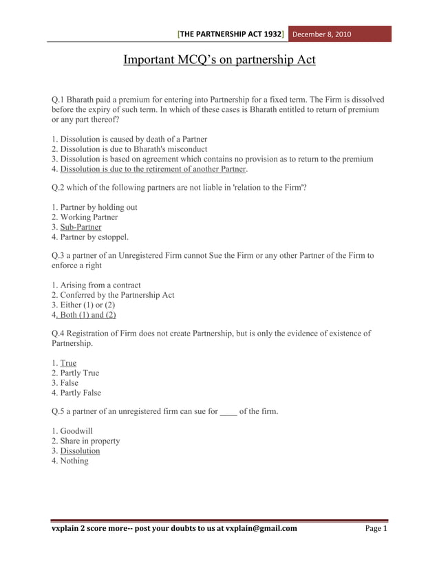 CPT Imp MCQs on Partnership Act | PDF | Legal Services Industry | Industries