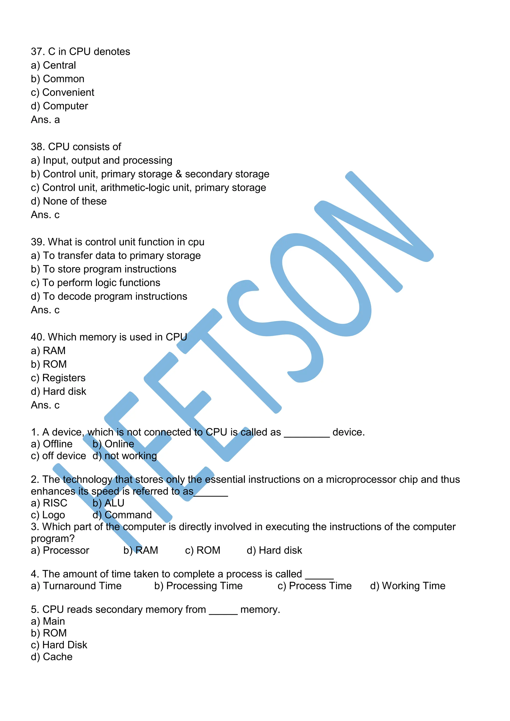 Cpu Mcq Computer Microprocessor Question Pdf Operating Systems