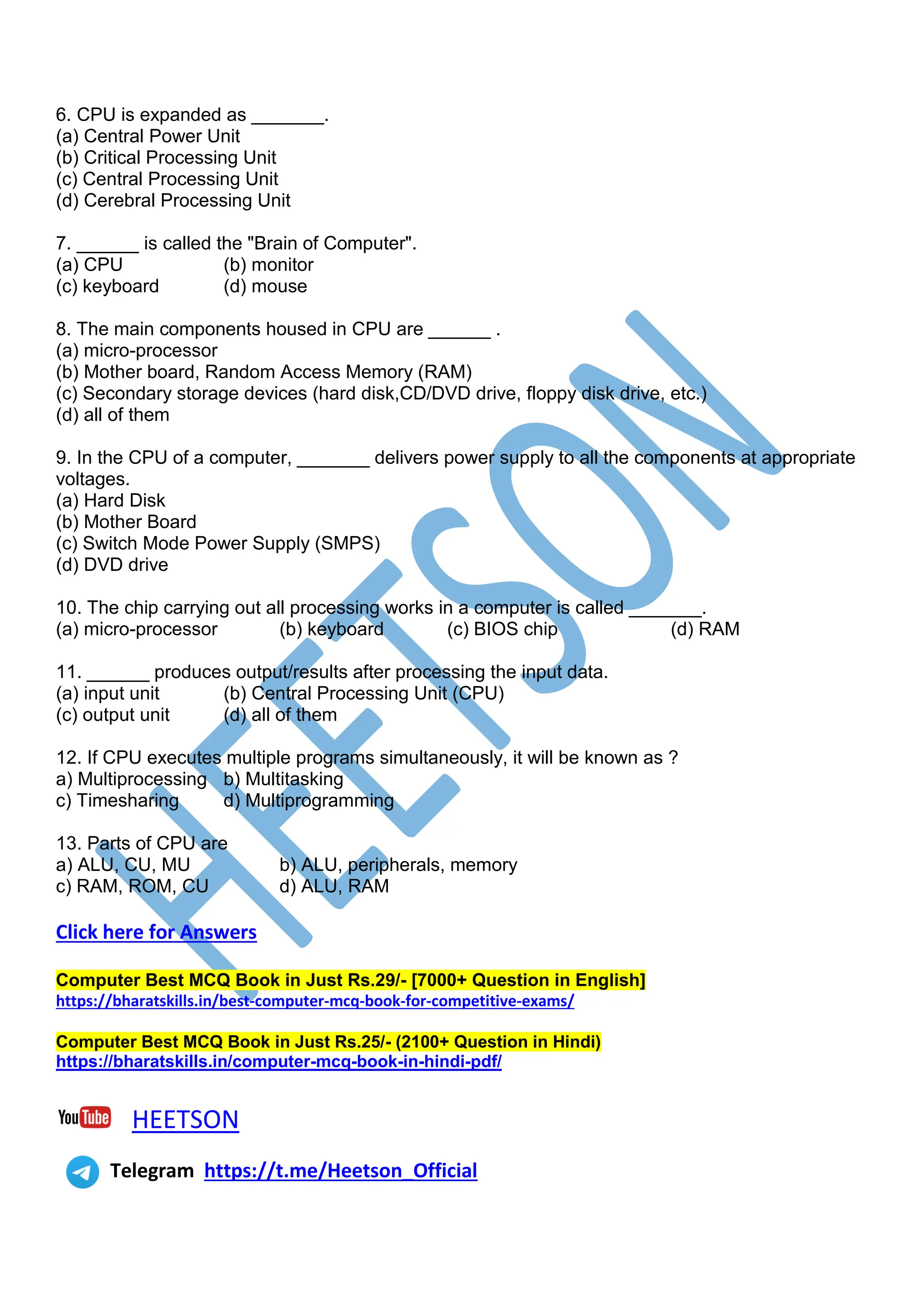 Cpu Mcq Computer Microprocessor Question Pdf Operating Systems