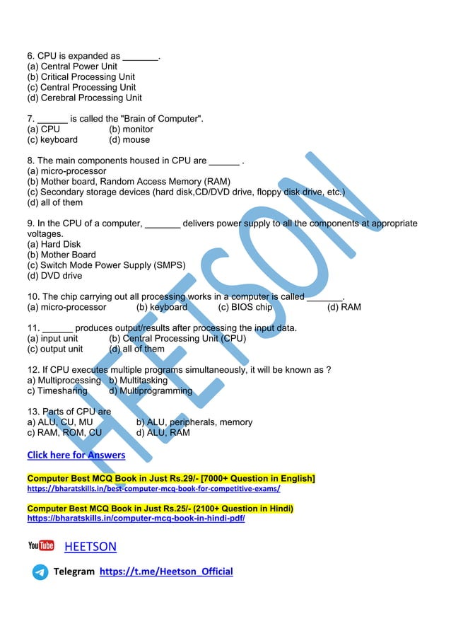 CPU MCQ (Computer Microprocessor Question) | PDF | Operating Systems | Computer Software and ...