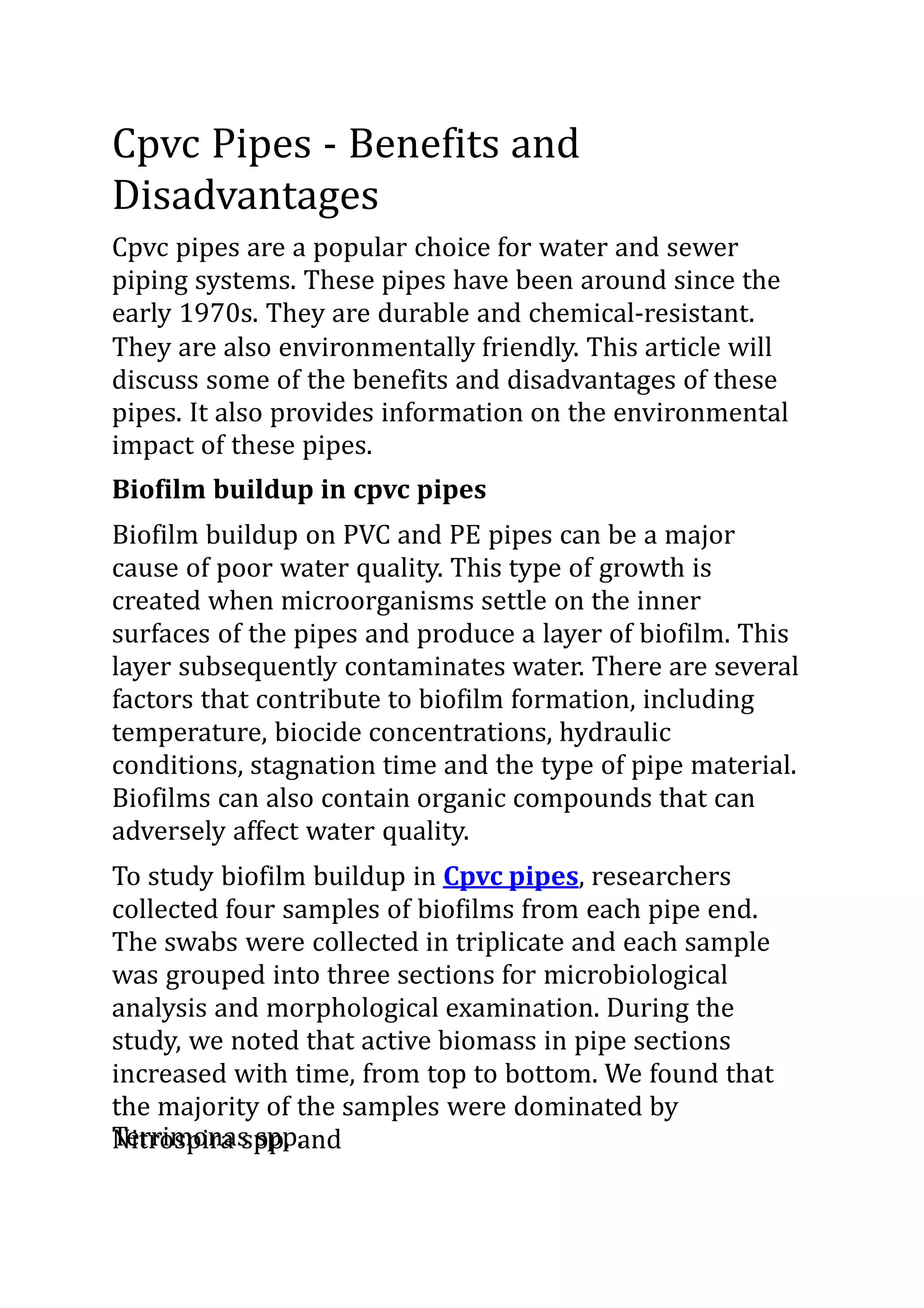 Cpvc Pipes - Benefits and Disadvantages | PPT