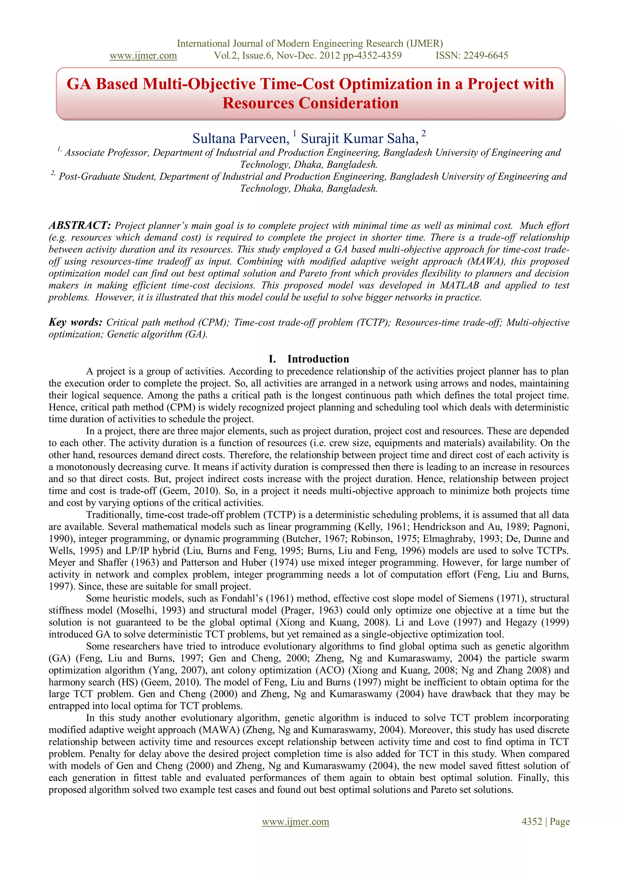 GA Based Multi-Objective Time-Cost Optimization in a Project with ...