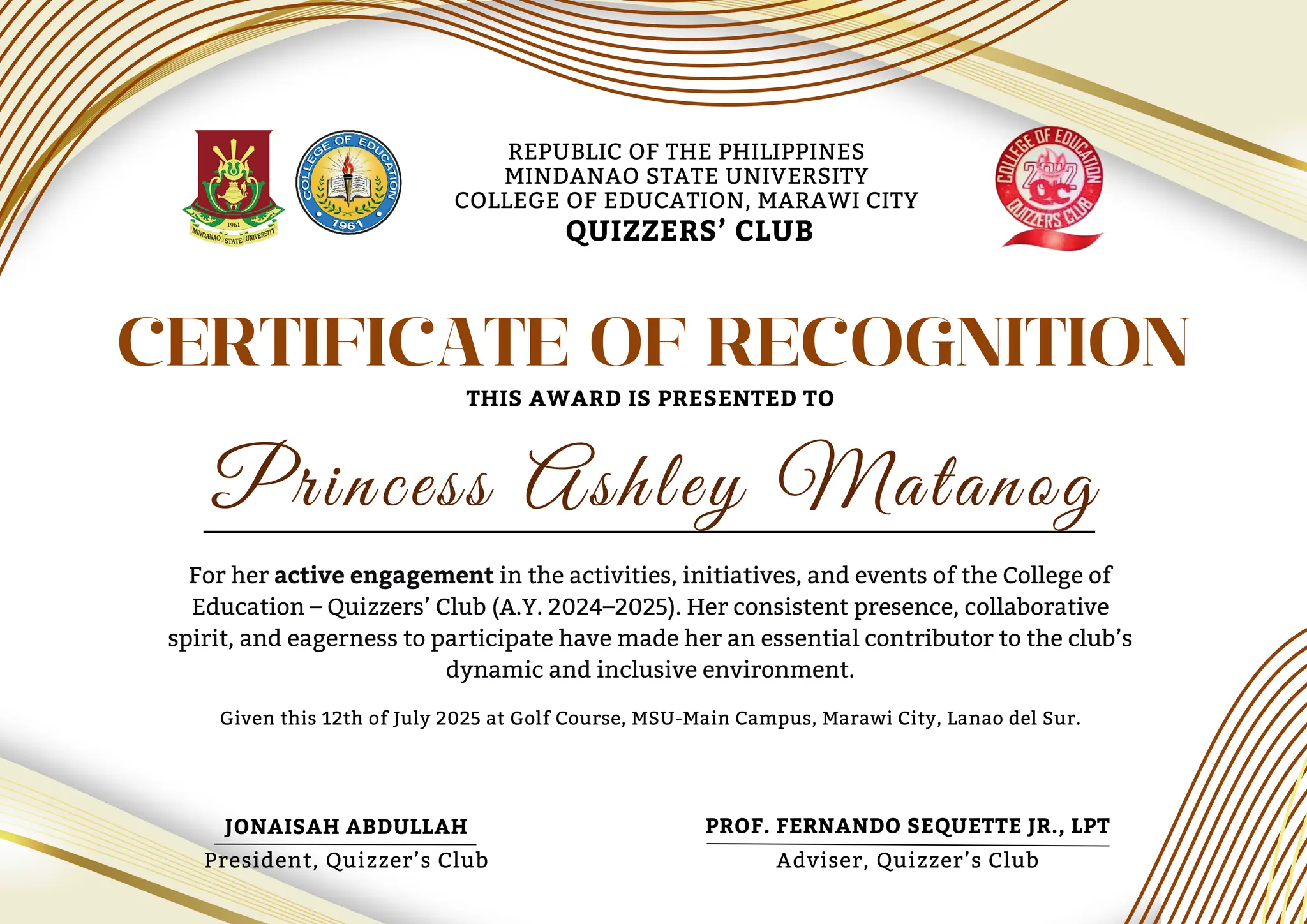 quizzer Q Certificate of Active Engagement | PDF