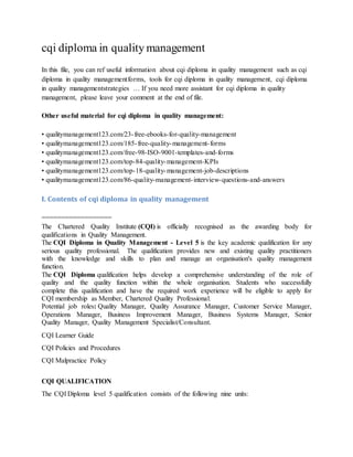 Cqi diploma in quality management | DOCX
