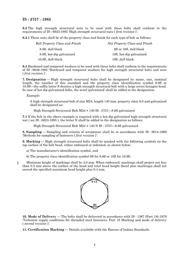 Indian standard specification for high strength structural bolts | PDF ...