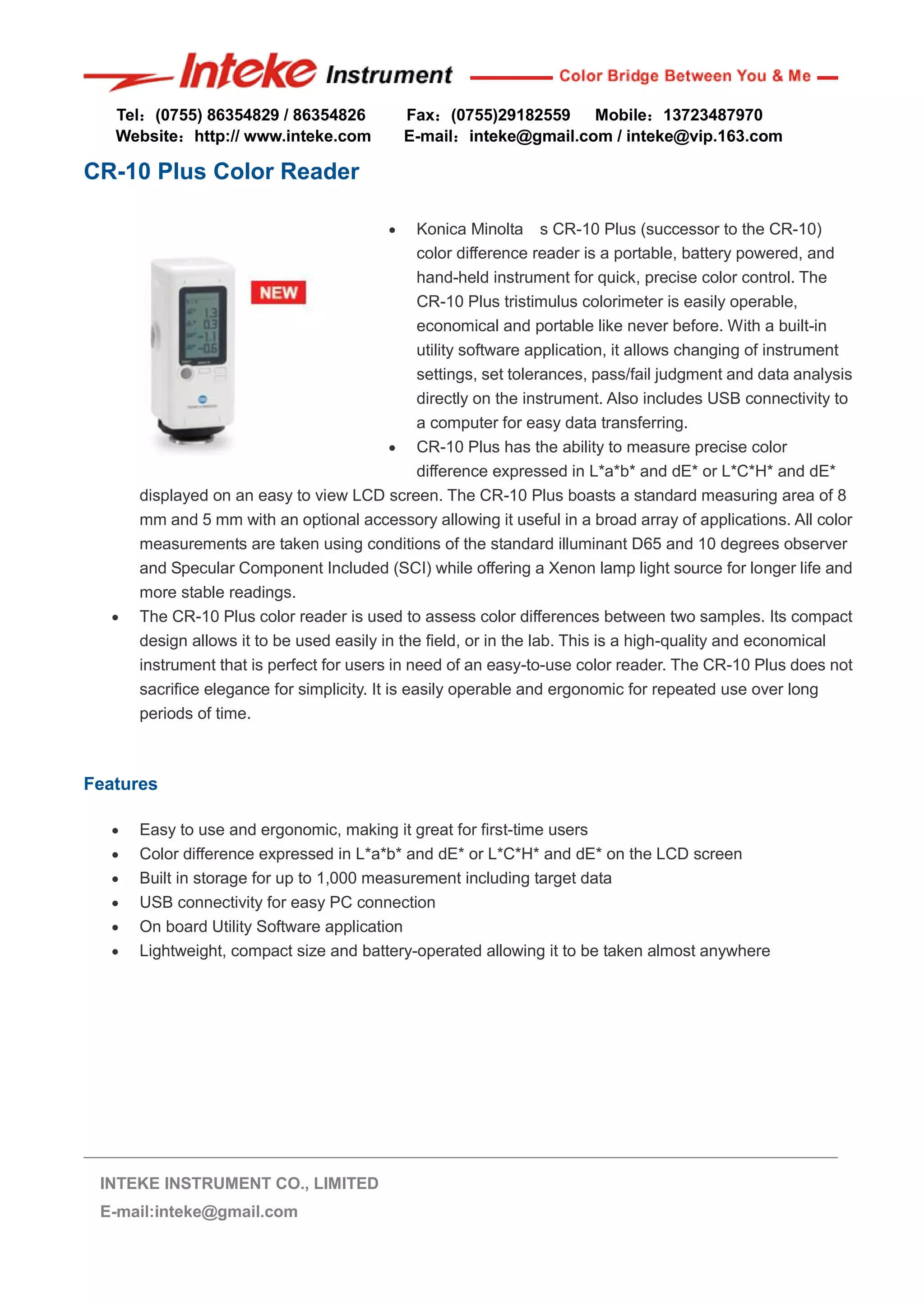 Konica Minolta CR-10 Plus Color Reader | PDF