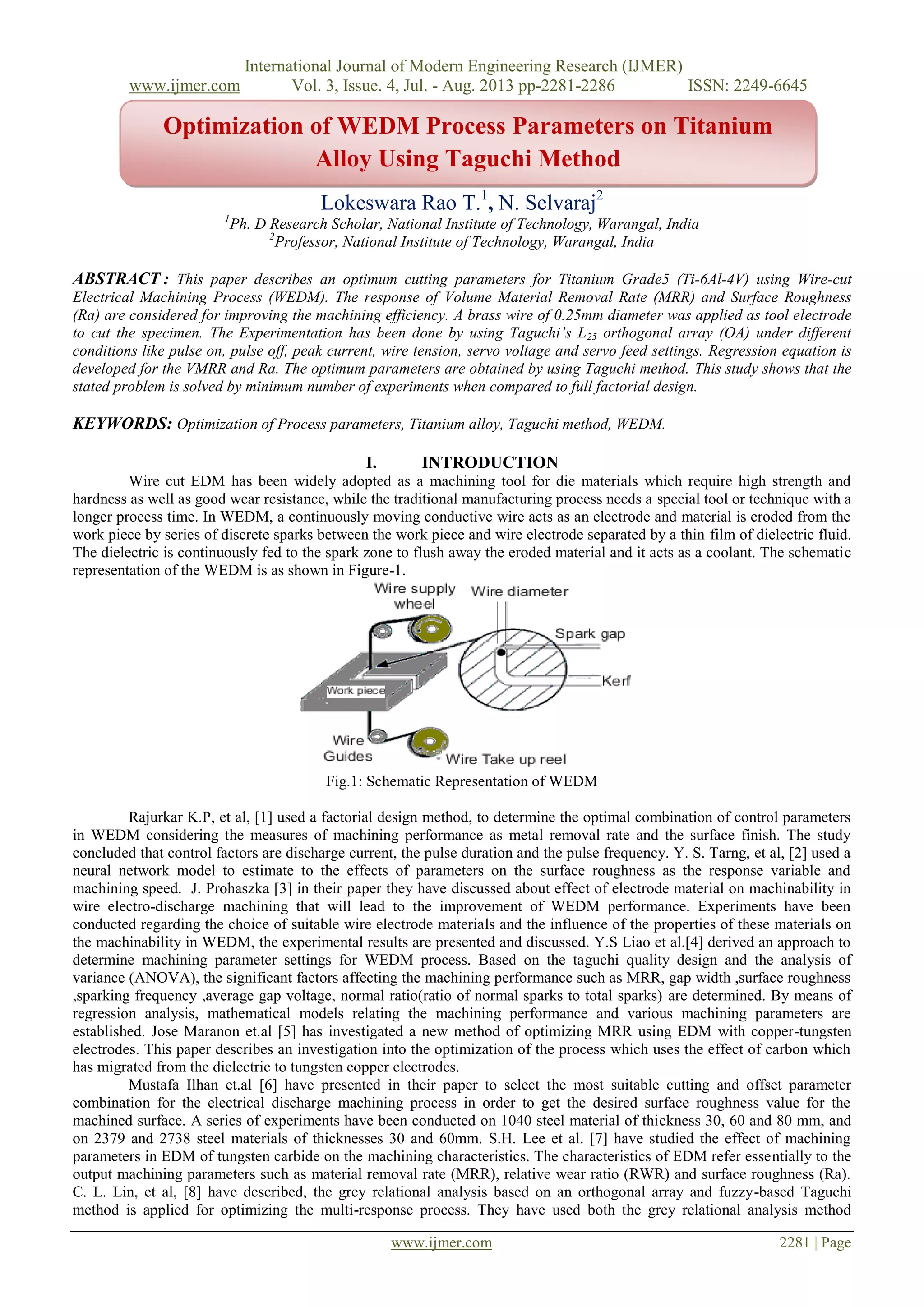 Optimization of WEDM Process Parameters on Titanium Alloy Using Taguchi Method | PDF