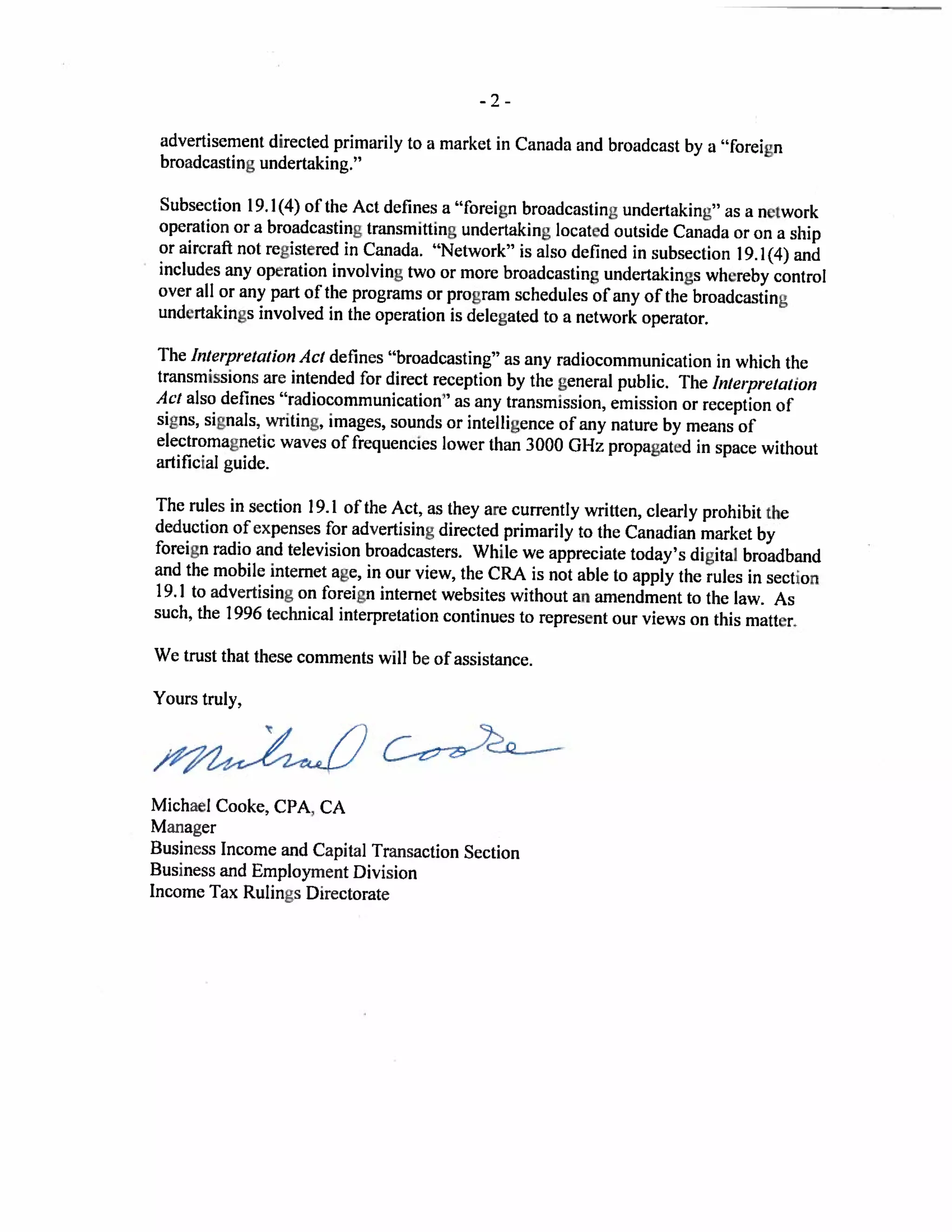 CRA letter to FRIENDS regarding digital advertising expenses | PDF