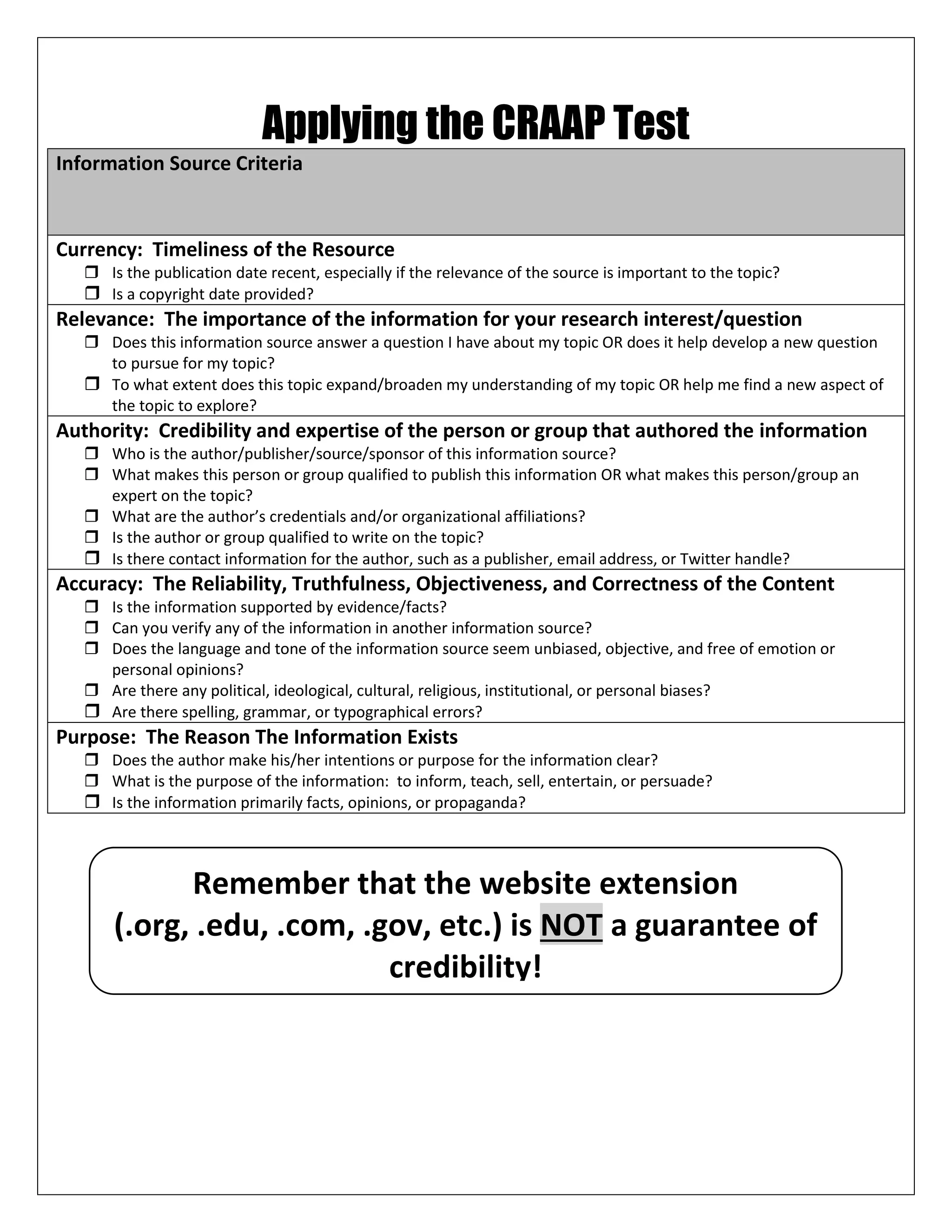 CRAAP Test Rumble Signage and Information Sources | PDF