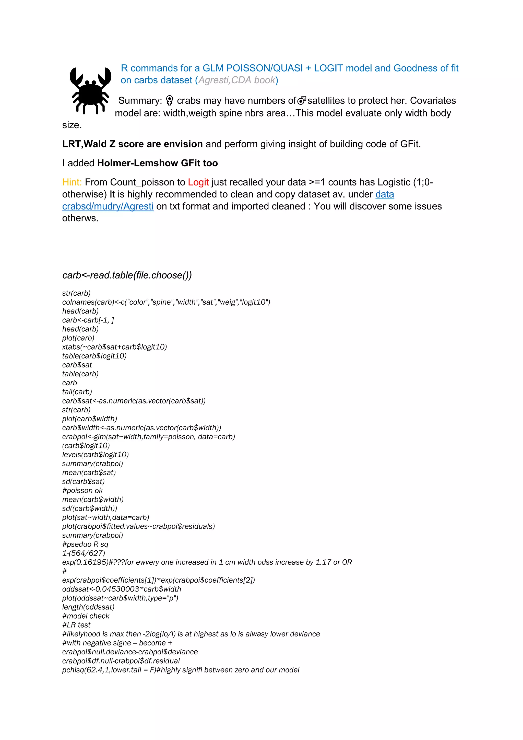 Crabs dataset GLM Poisson and Logistic model | PDF
