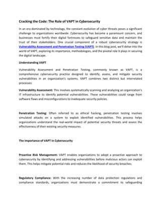 Cracking the Code: The Role of VAPT in Cybersecurity | PDF