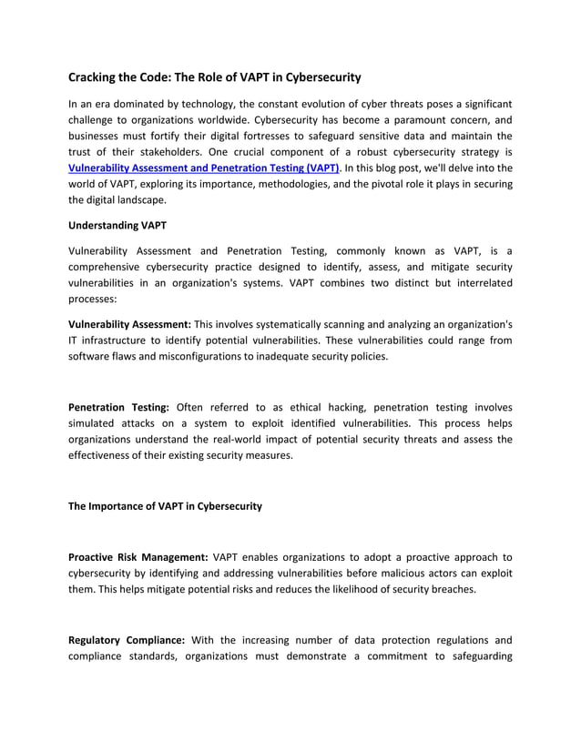 Cracking the Code: The Role of VAPT in Cybersecurity | PDF