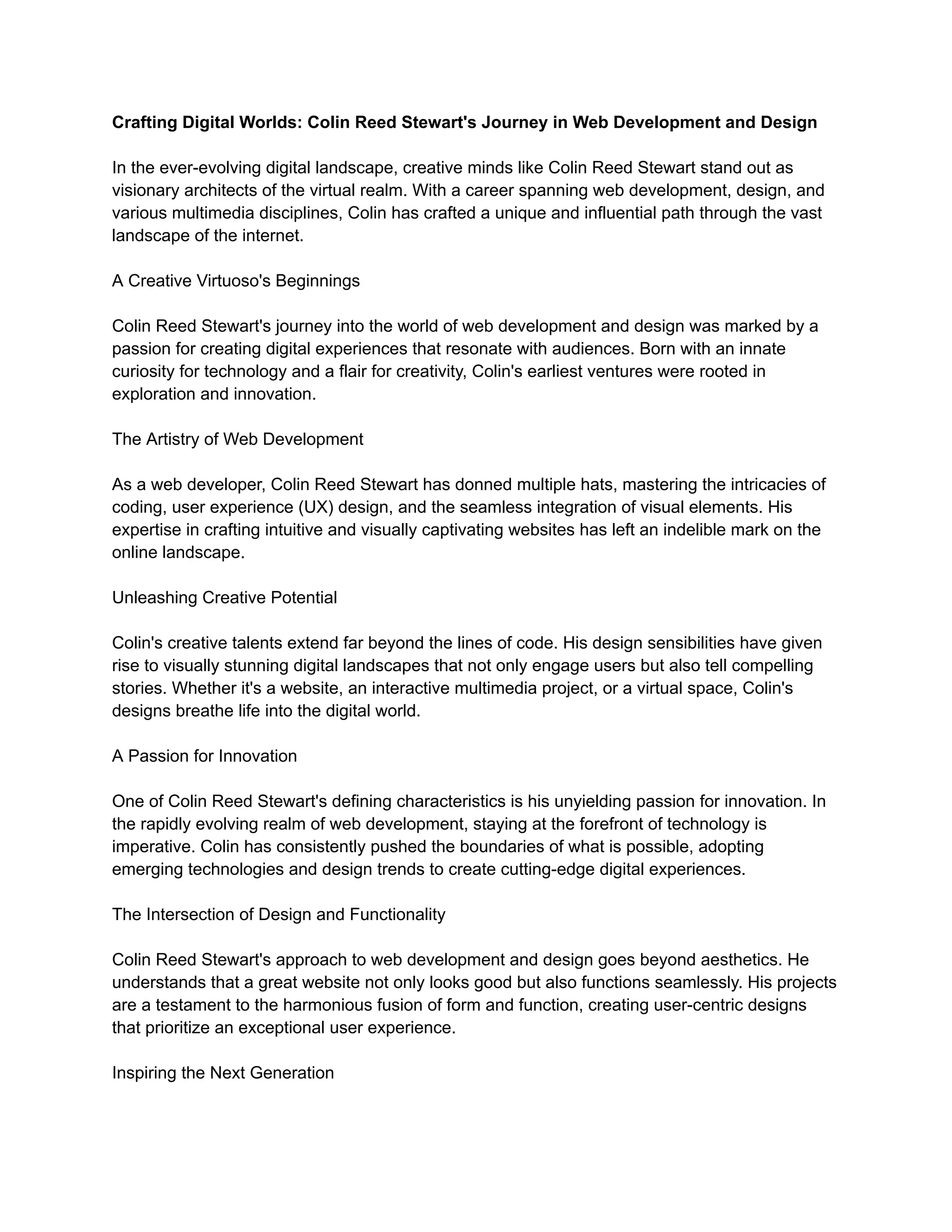 Crafting Digital Worlds: Colin Reed Stewart's Journey in Web Development and Design | PDF