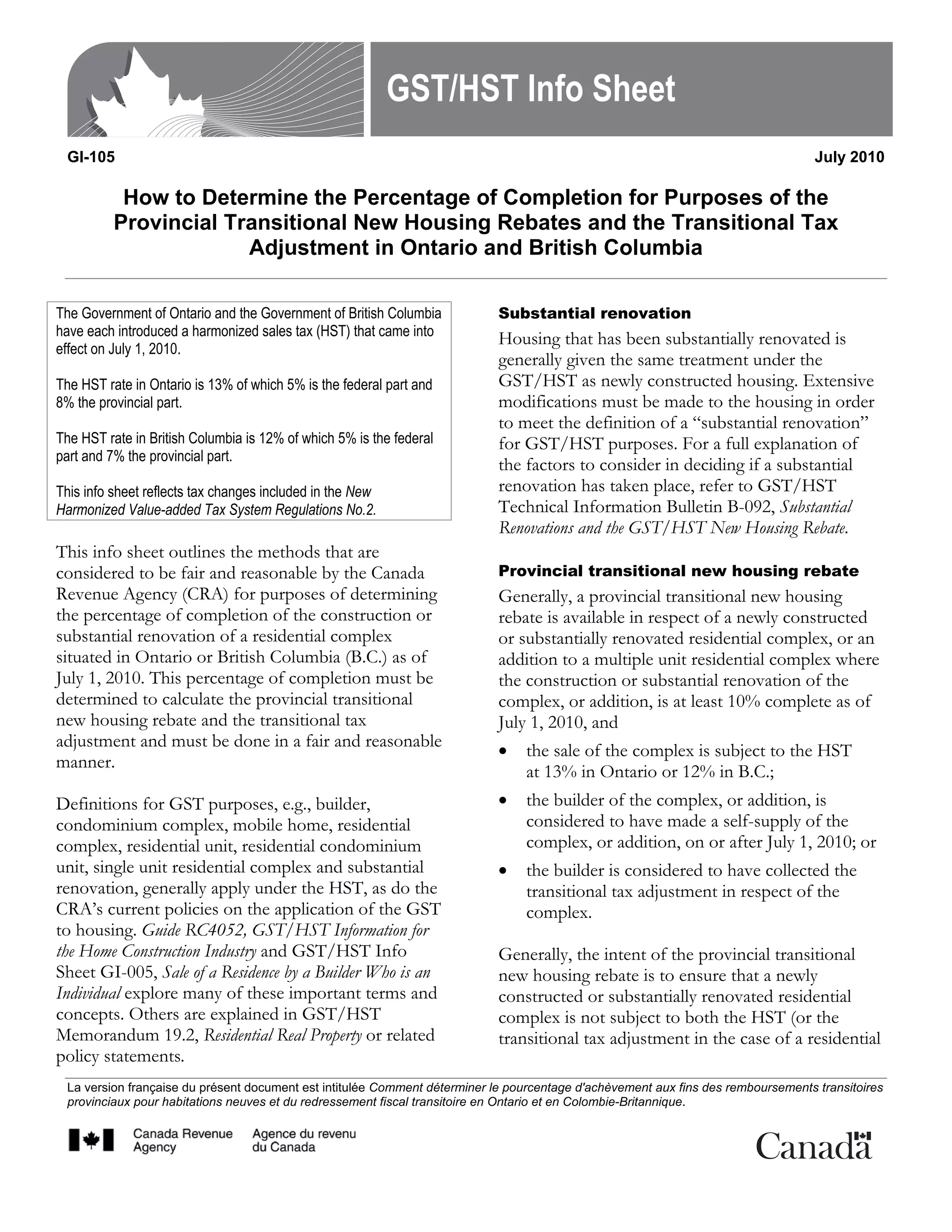 Cra gst hst_info_sheet_july_2010 | PDF