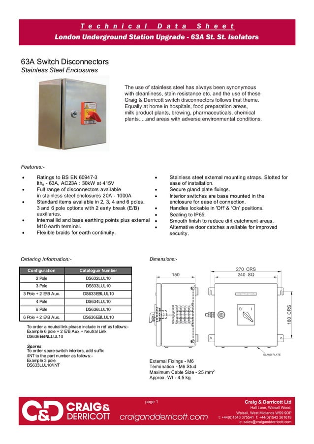 Craig & Derricott 63A Switch Disconnectors (Isolators) - Stainless ...