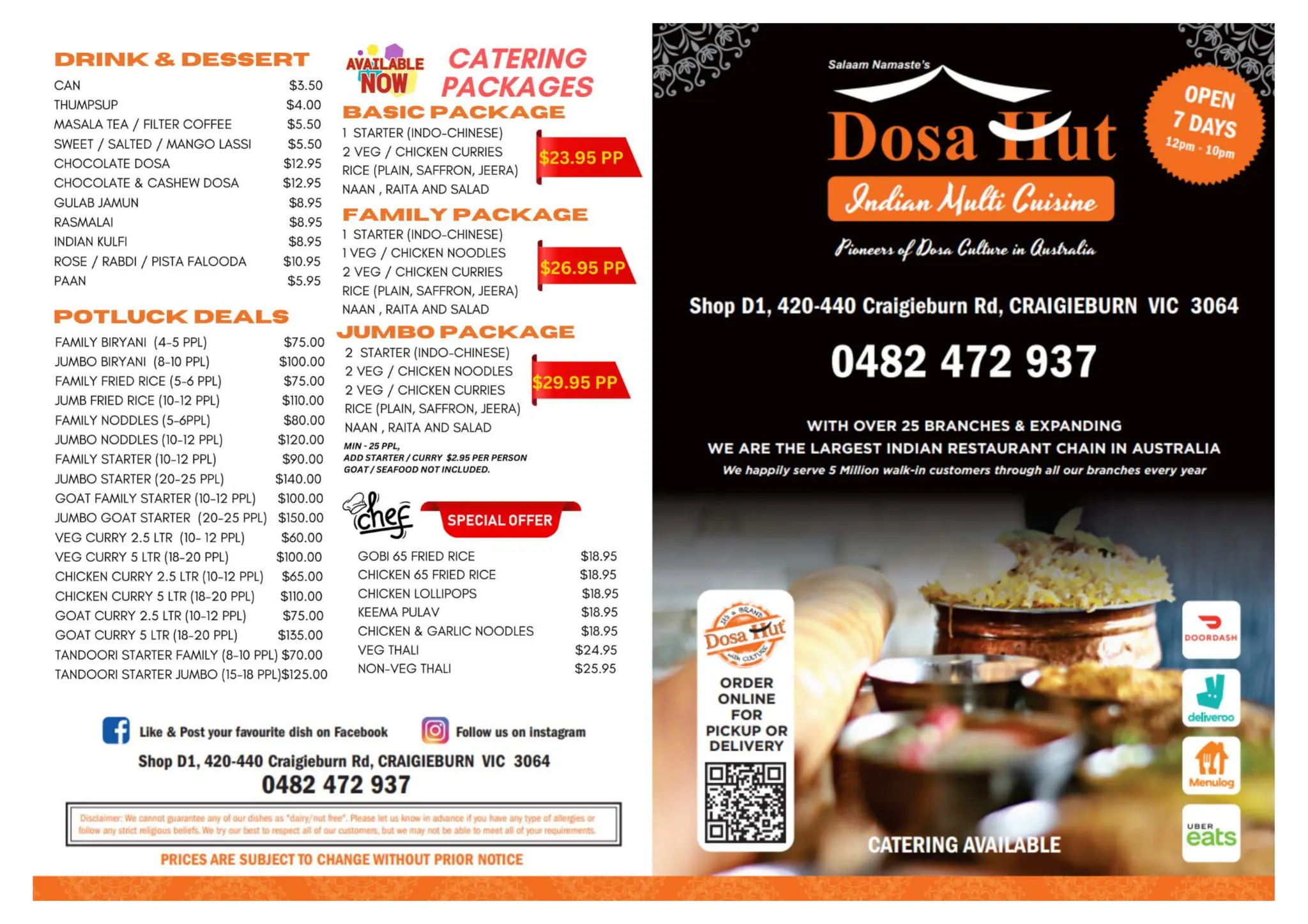Dosa Hut Craigeburn Menu - Dosa, Biryani, Indo-Chinese, Curries | PDF ...
