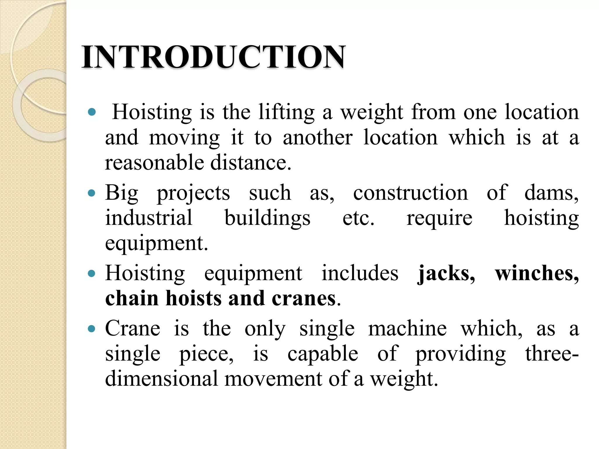Construction Equipment -Crane - Hoisting equipment | PPTX