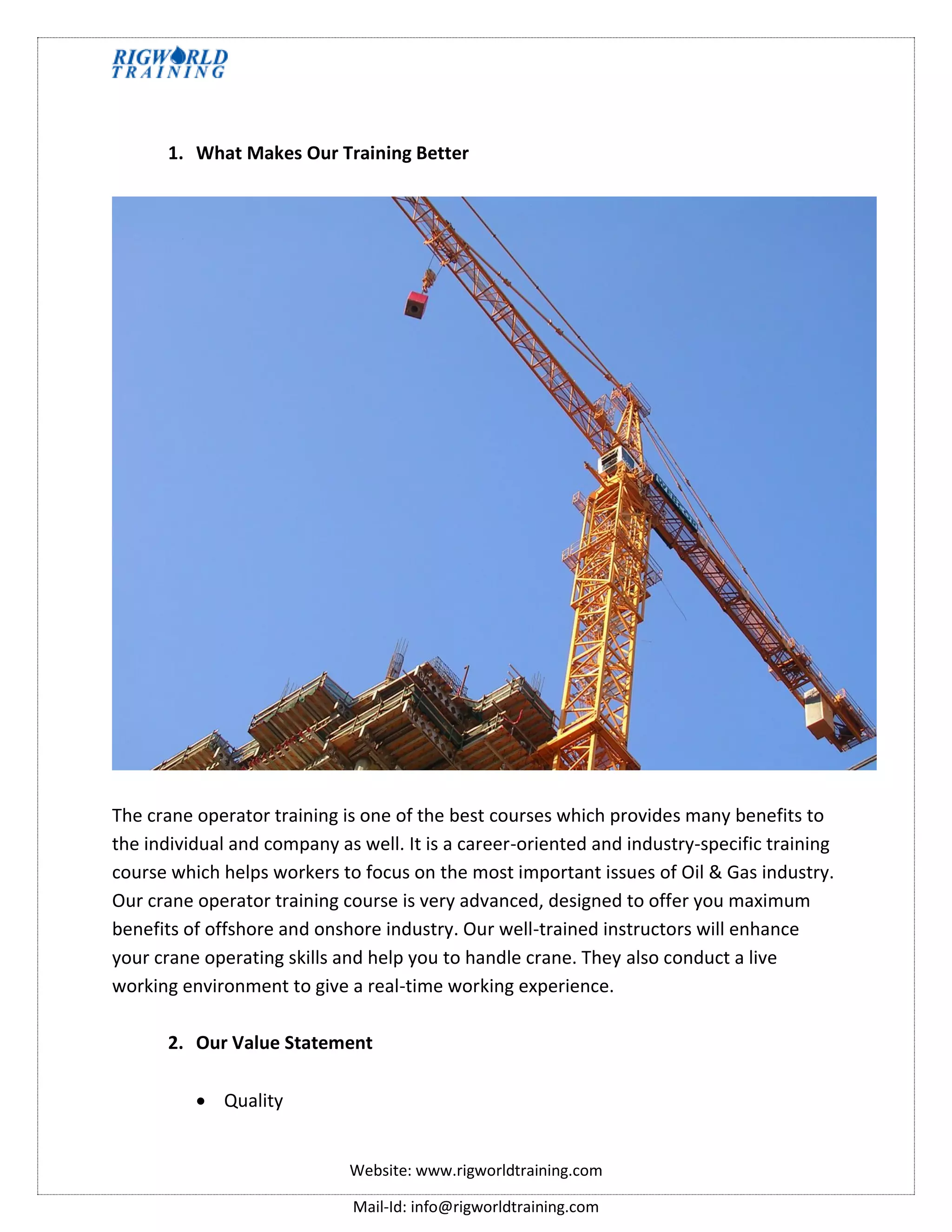 Crane Operator Training - RigWorld Training Center | PDF