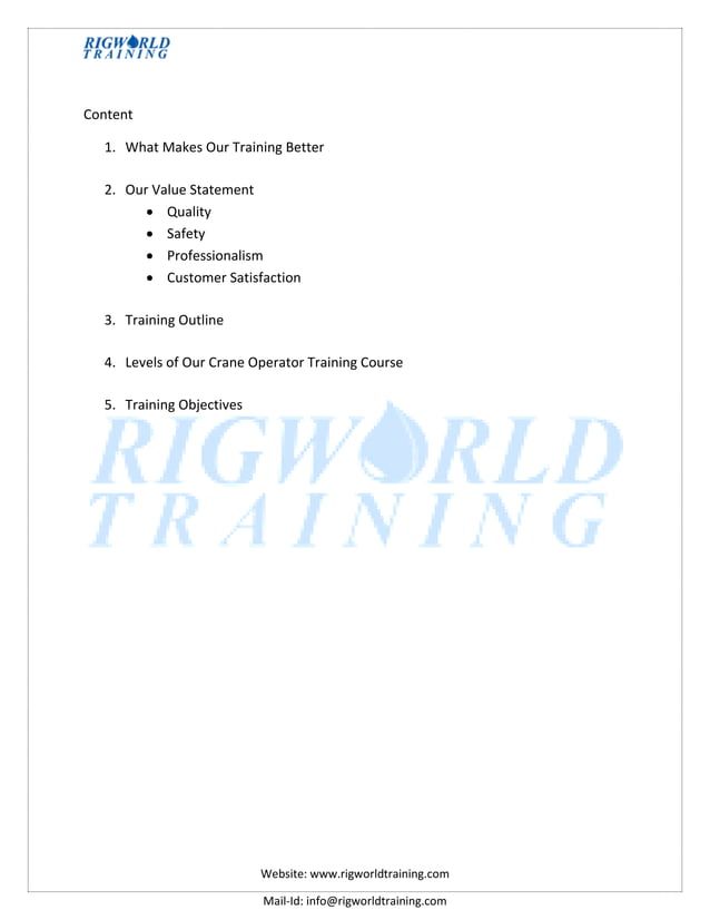 Crane Operator Training - RigWorld Training Center | PDF