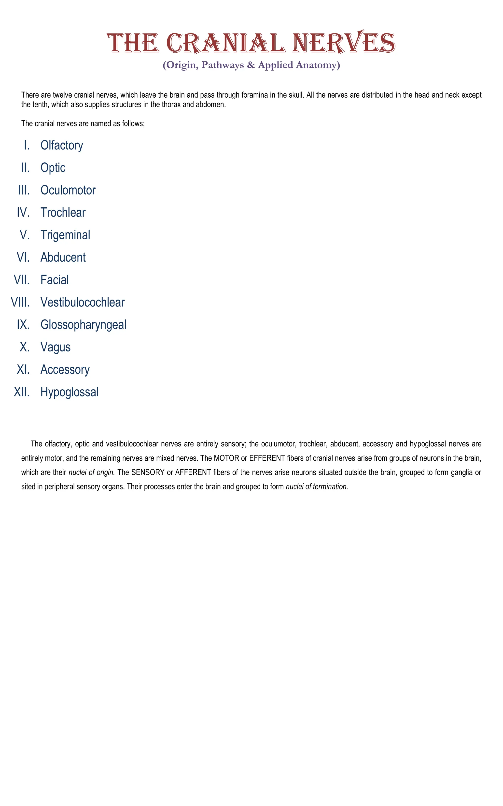 Cranial Nerves - Origin, Course and Innervation | PDF