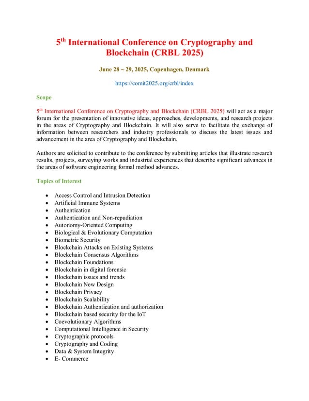 5th International Conference on Cryptography and Blockchain (CRBL 2025 ...