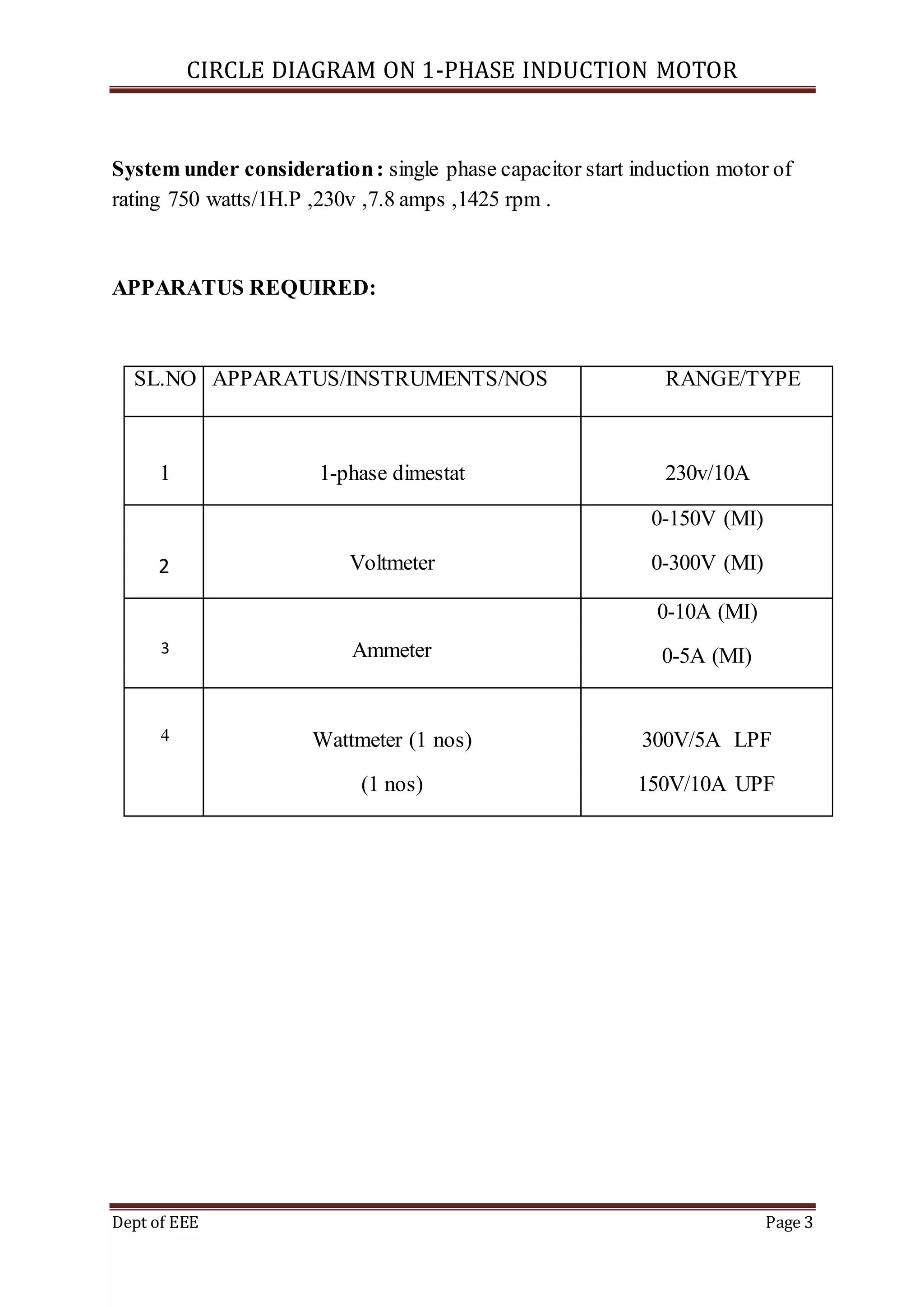 CIRCLE DIAGRAM ON 1-PHASE INDUCTION MOTOR | DOCX