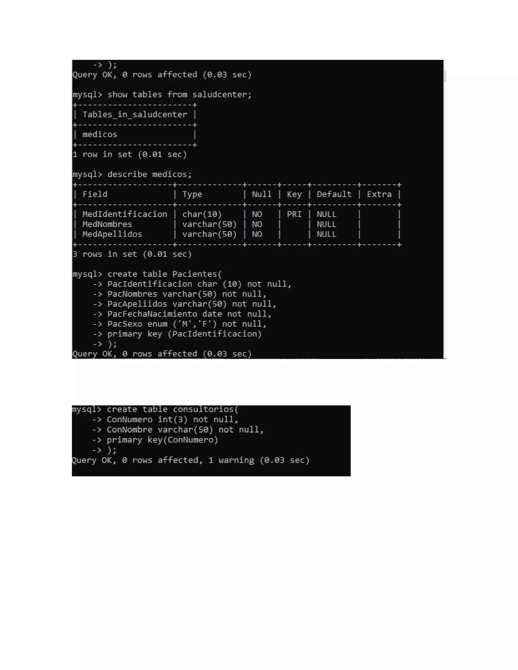 Creación de base de datos y tablas en la consola de mysql | DOCX
