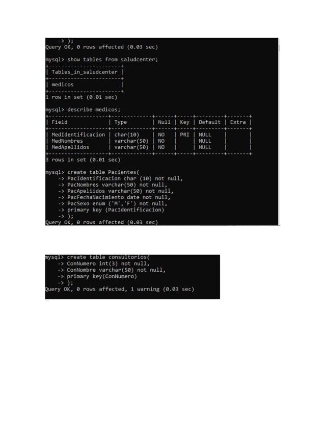 Creación de base de datos y tablas en la consola de mysql | DOCX