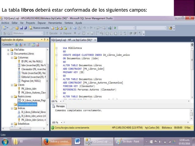 Creación indices y constraints en bases de datos de sql server