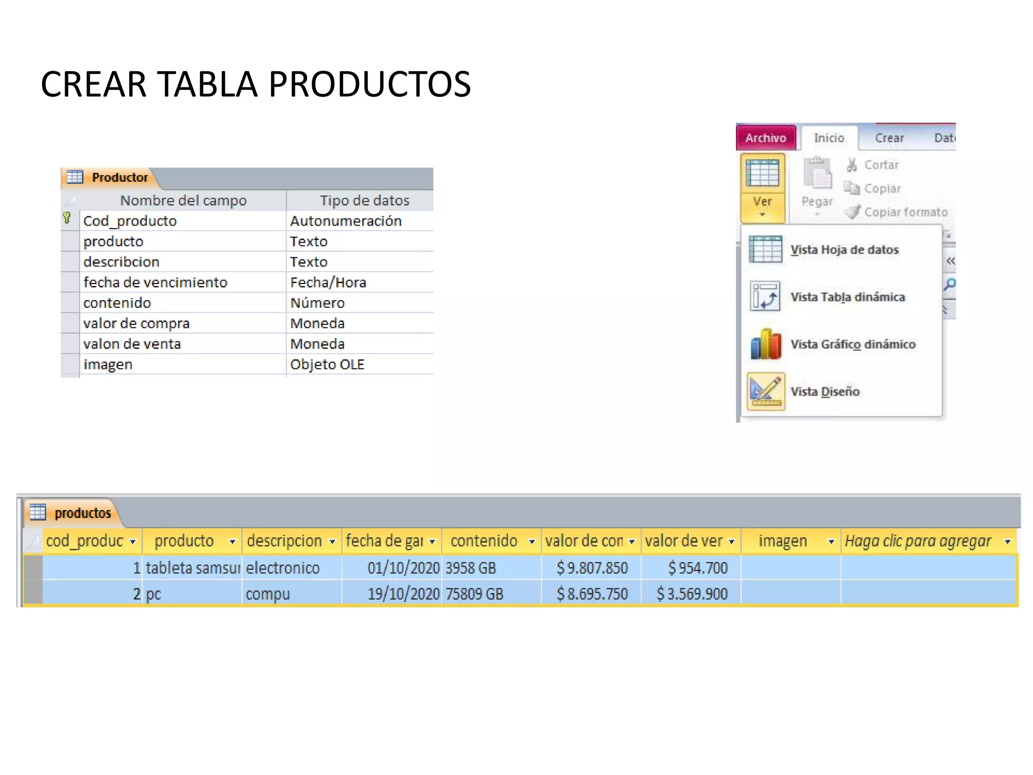 Crear tabla productos | PPTX