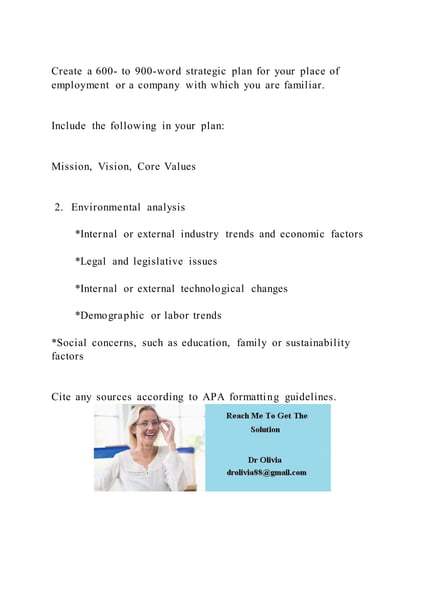 Create a 600- to 900-word strategic plan for your place of employmen | DOCX